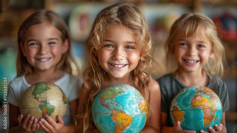 Smiling little girls holding globes that give Happiness and Positivity ...