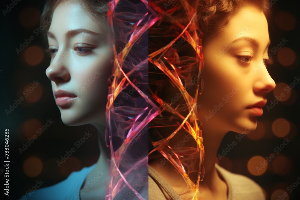 Twin Sisters With A Translucent Dna Helix Symbolizing Genetic