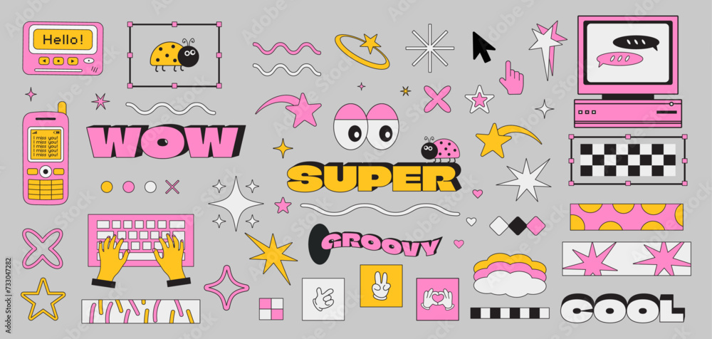 Retro pc in trendy y2k and groovy, cartoon styles. Vector illustration ...