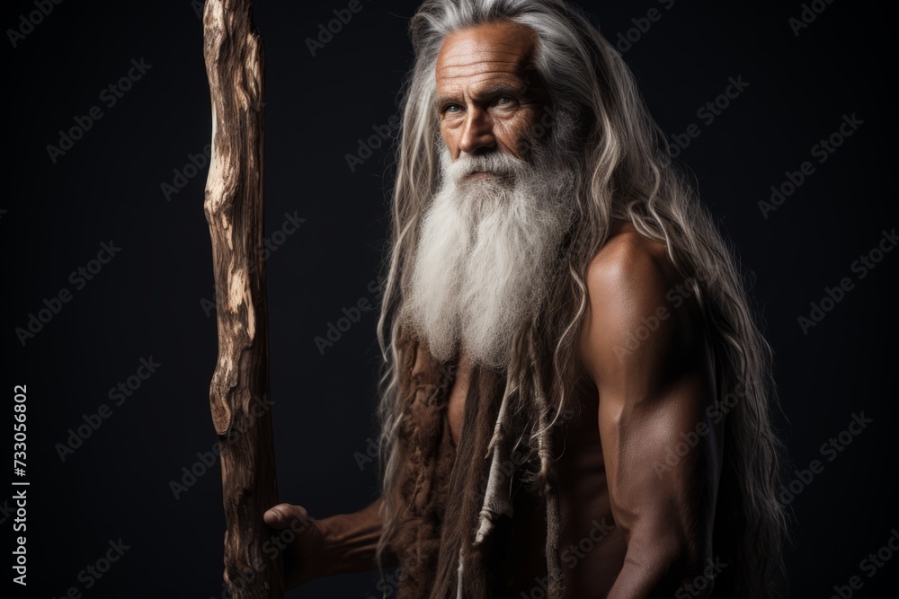 Portrait of a strong muscular old man with long white hair and beard ...