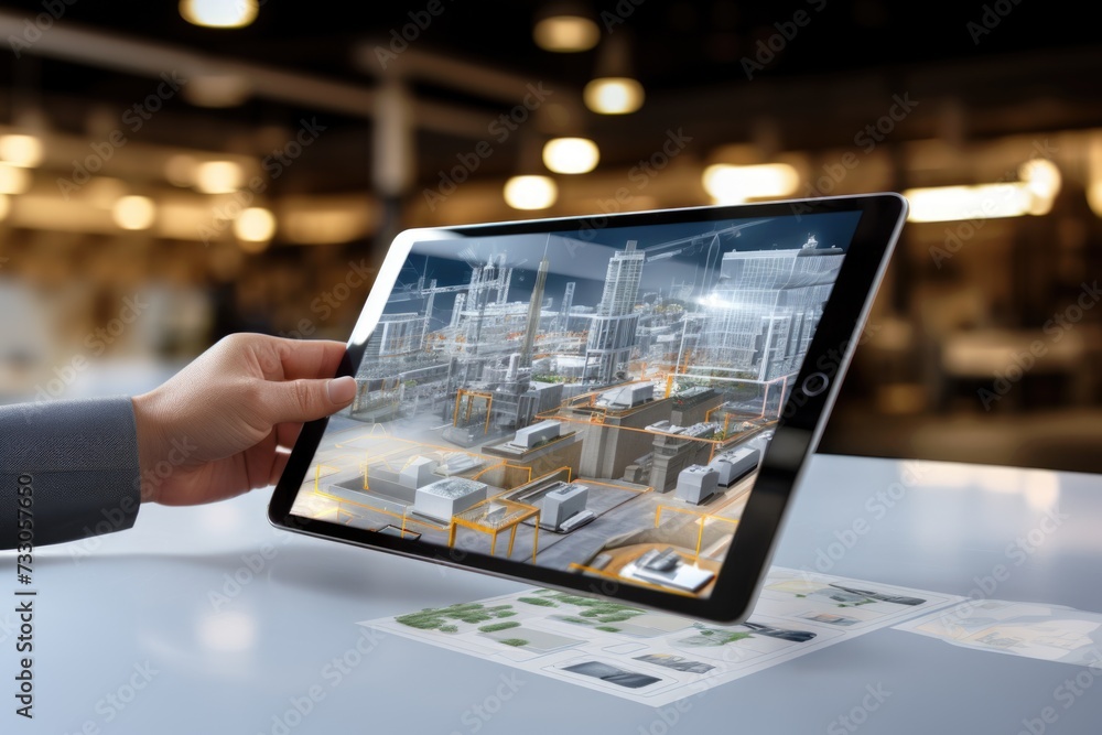 Futuristic Smart Office Navigation on Tablet. A hand holds a tablet ...