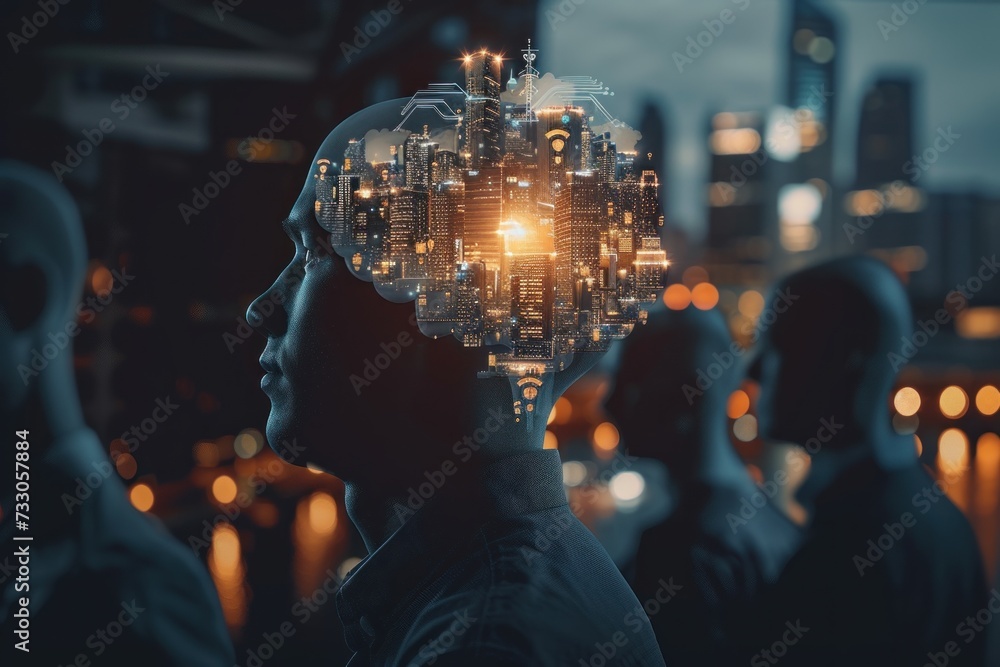 Abstract image of a businessman's head silhouette with a city popping ...