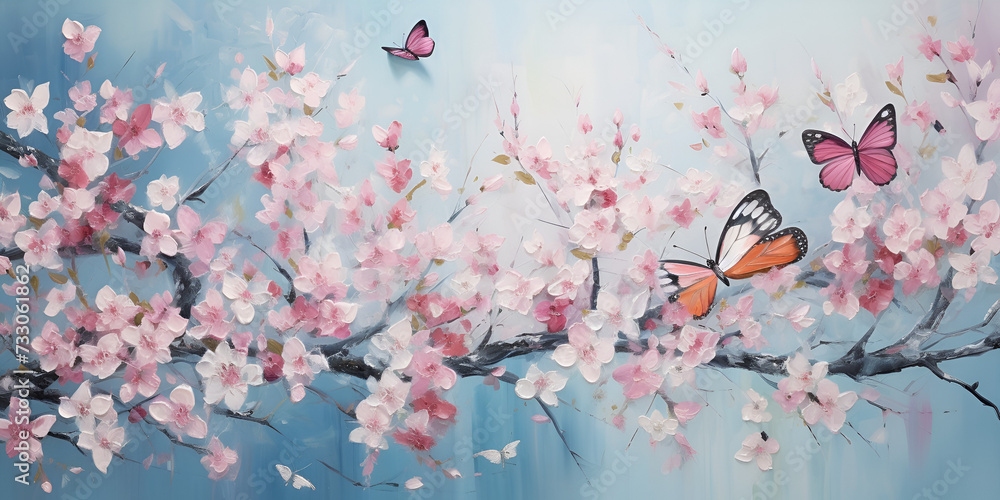 Beautiful cherry blossom tree branch on blue watercolor background ping ...