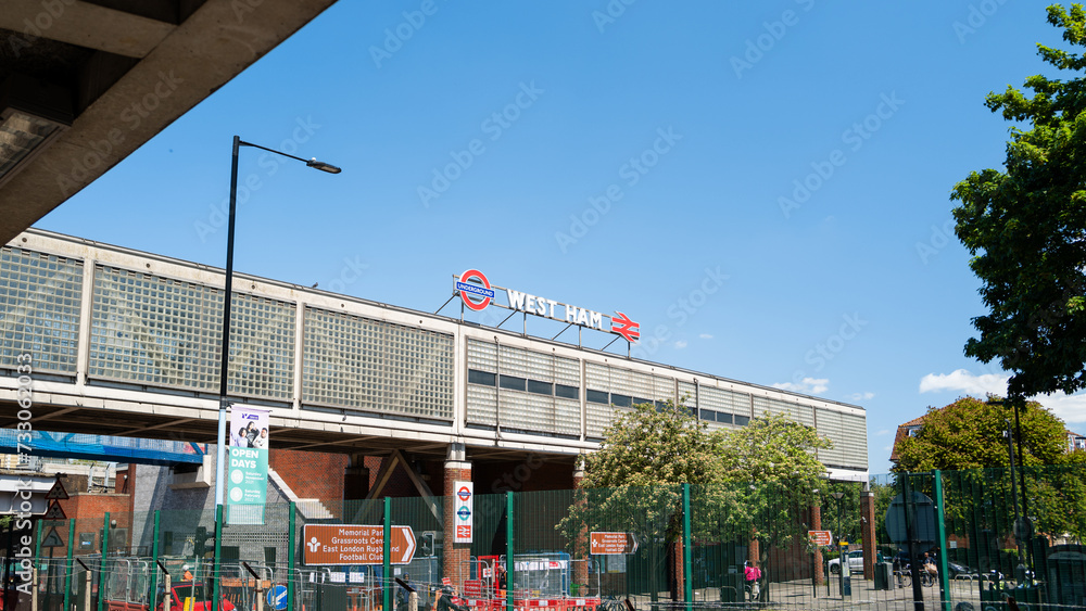 London, UK - June 10 2023 : Detail signage West Ham station with ...