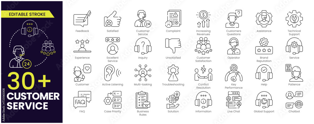 Customer service Stroke icon set. Containing customer satisfied ...