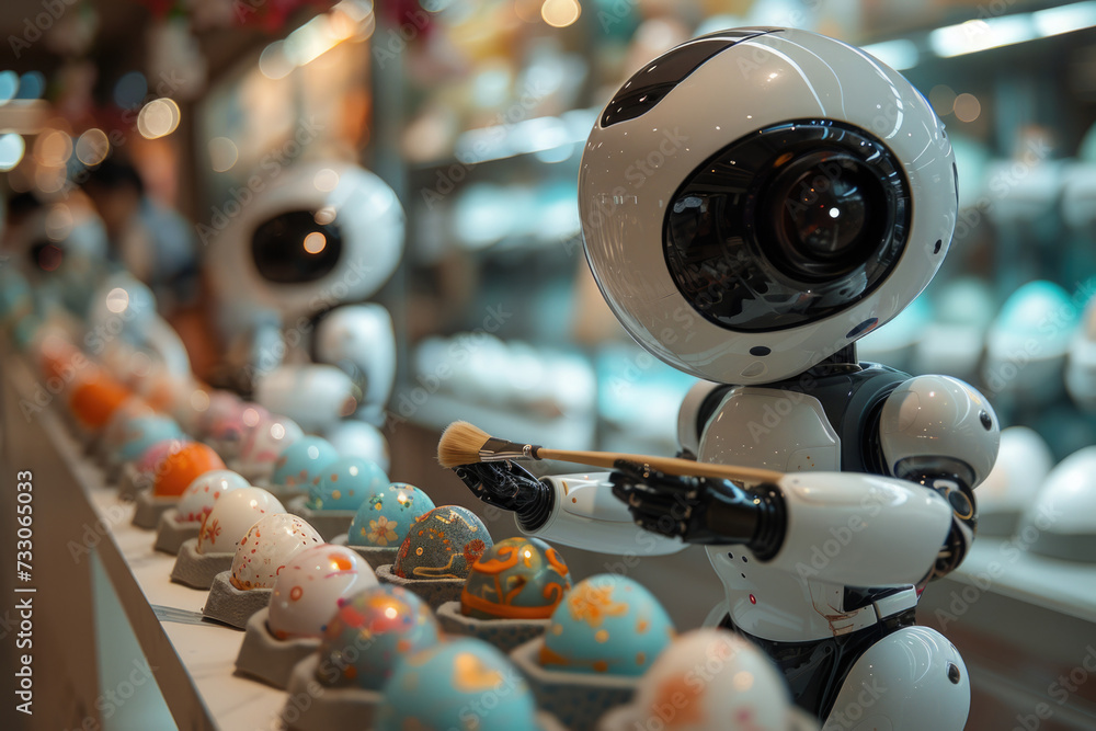 A white and black robot with a large eye brushes painted eggs on a ...