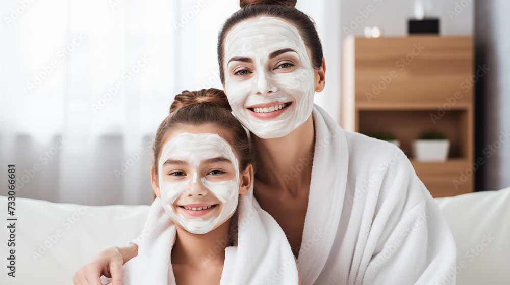 Beautiful mother and little daughter applying facial cream masks ...