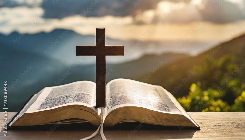 holy bible and cross on desk symbol of humility supplication believe ...