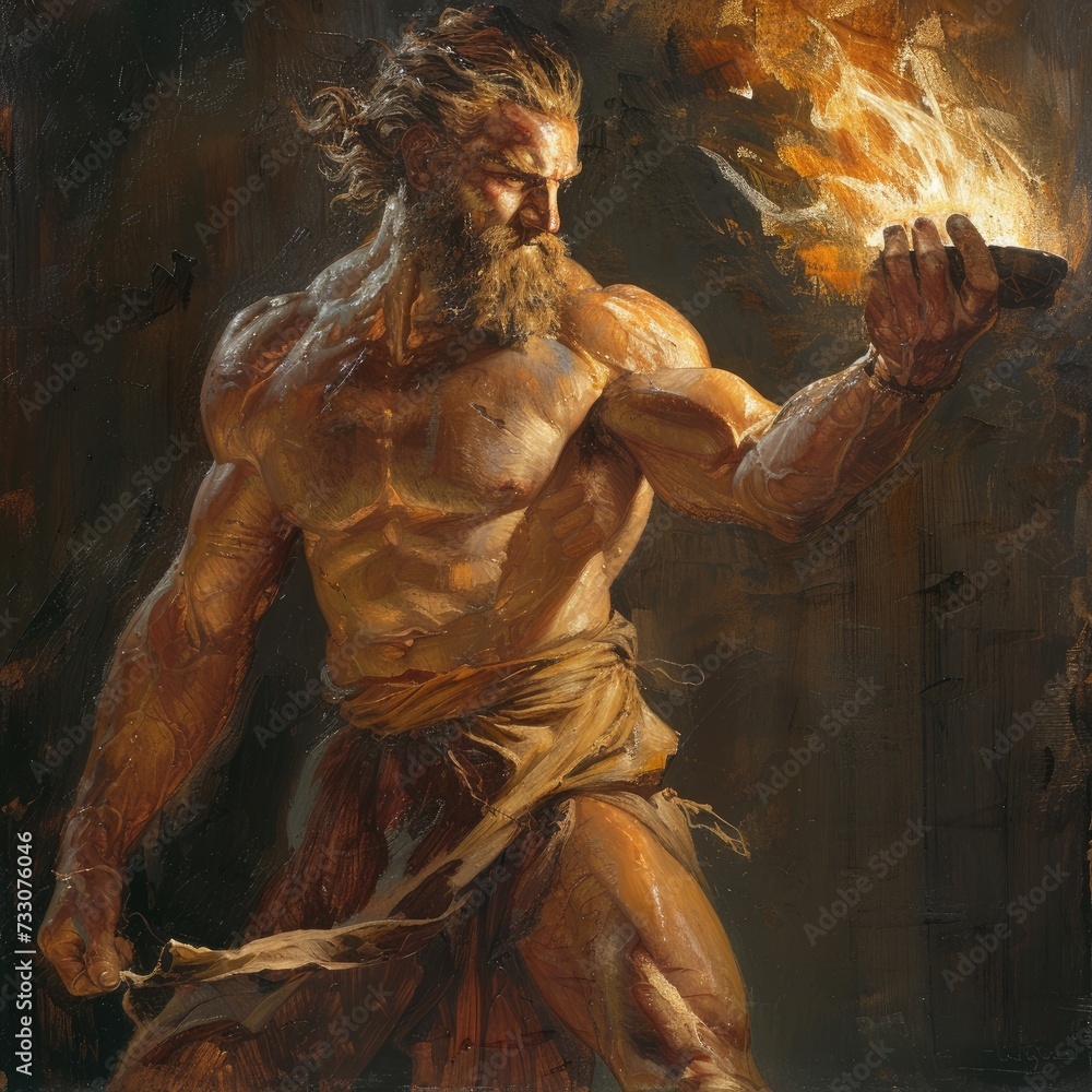 Ignite enlightenment: prometheus, the olympian god, holds fire in hands ...