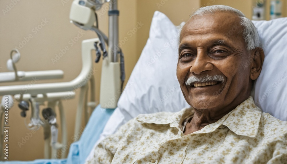 AI generated illustration of a smiling senior man laying in a hospital ... AI generated illustration of a smiling senior man laying in a hospital ...