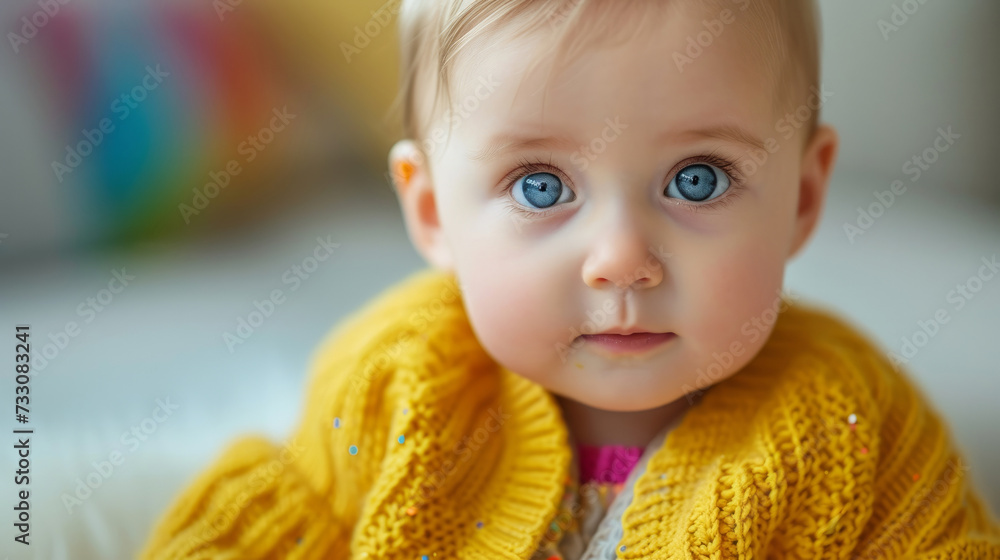 happy smiling one year old baby girl in yellow clothes looking flirty ...