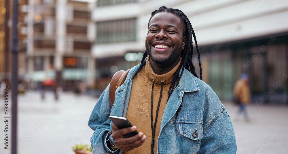 A multiethnic man with afro and Cuban dreadlocks smiles while ...