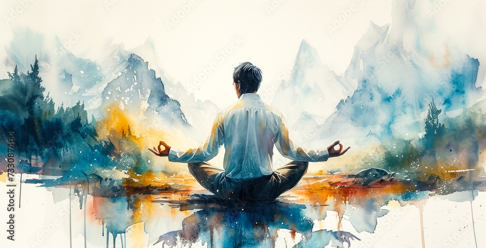Artistic watercolor painting of a contemplative man meditating with ...
