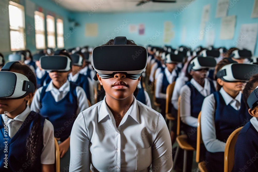 Students wearing matching school uniforms and VR headsets in a ...