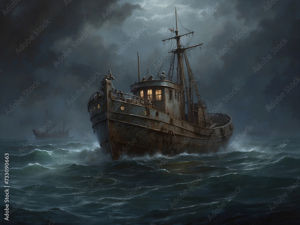 a ship, possibly a fishing trawler, on a stormy sea at night. The ship ...