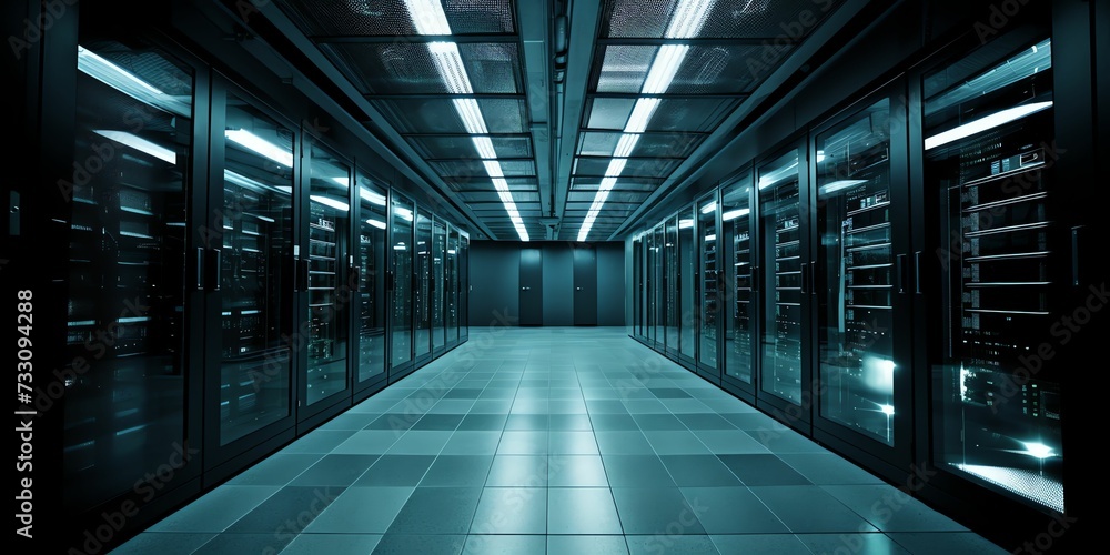 Empty server room, featuring an array of server racks along a hallway ...