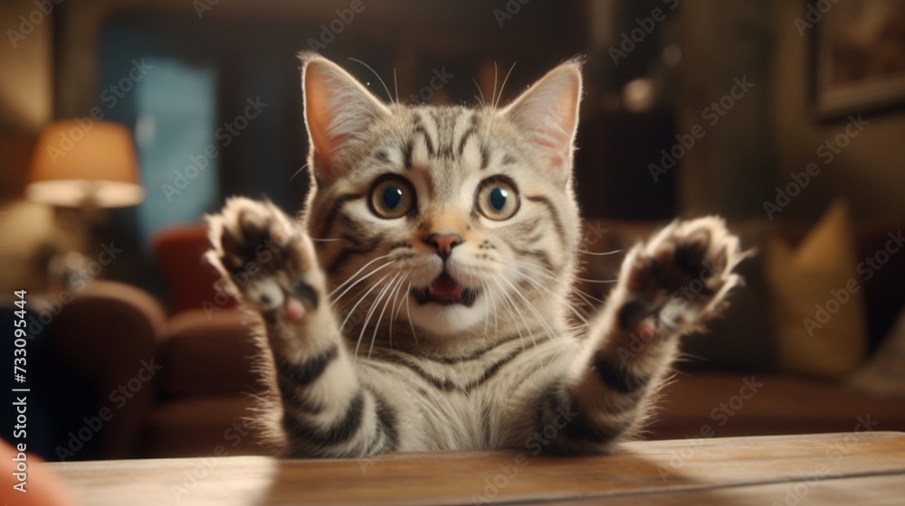 Inquisitive cat capturing attention as it playfully extends a paw ...