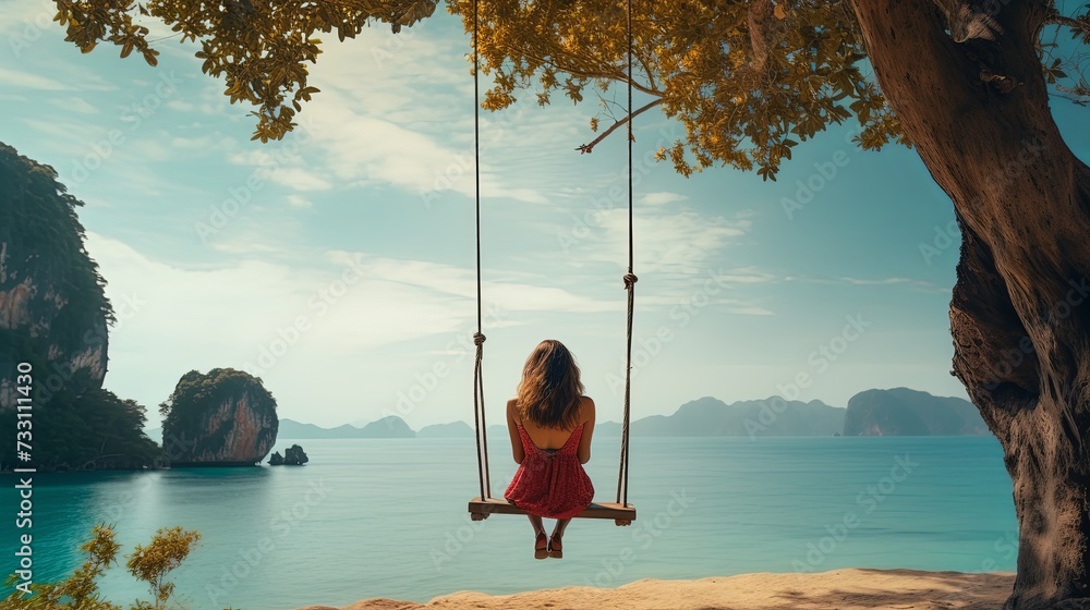 Traveler woman relaxing on swing above Andaman sea Railay beach Krabi ...