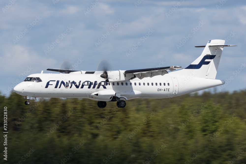 Helsinki, Finland - June 5, 2023: Turboprop airliner Aerospatiale ATR-72 of finnish airline ...