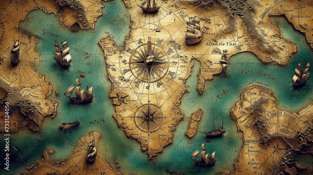 pirate map with pirate ships, islands and nautical signs. drawing of an ...
