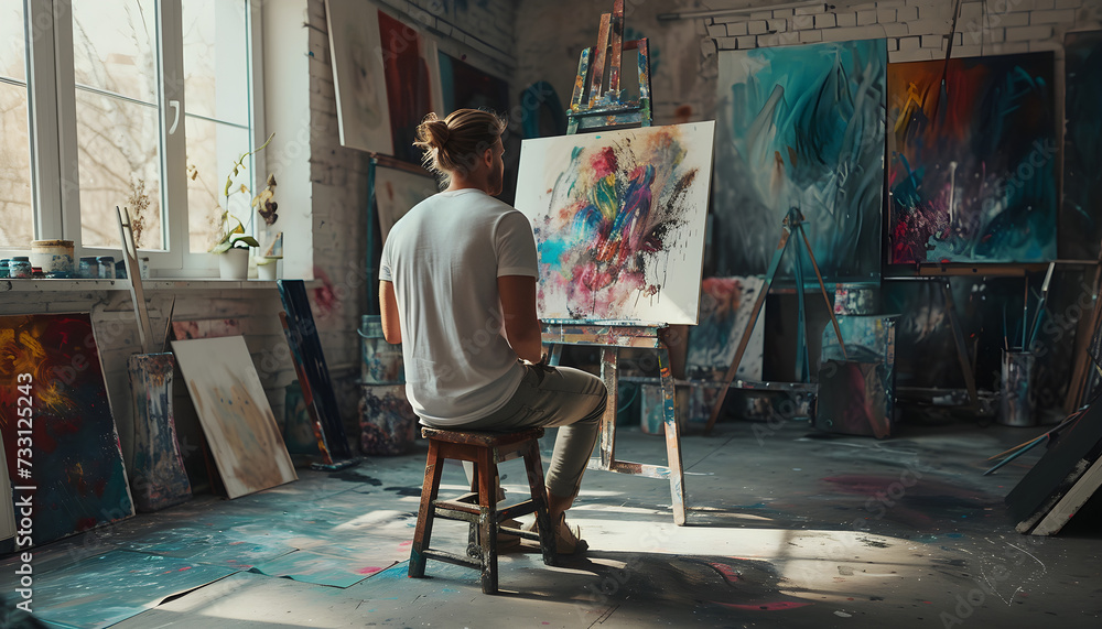 Creative Male artist drawing with oil painting in her art Creative ...