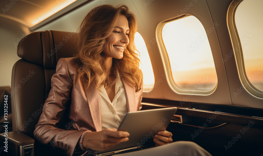Smiling business woman flying and working in an airplane in first class ...