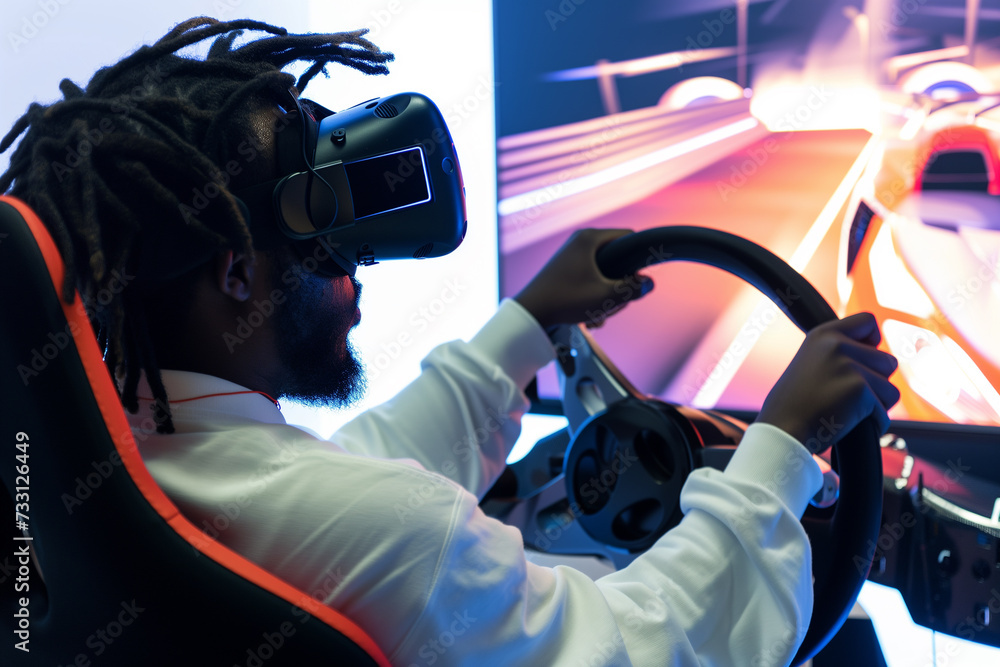 Young man engaged in an immersive virtual reality racing simulation ...