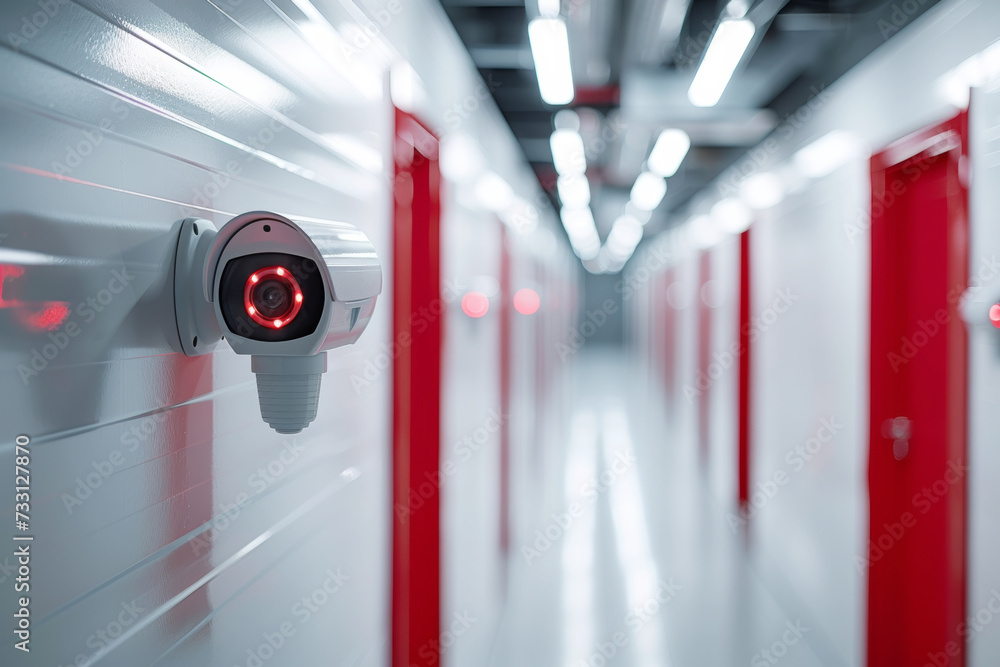 Red Alert Surveillance in White Corridor. A security camera in a ...