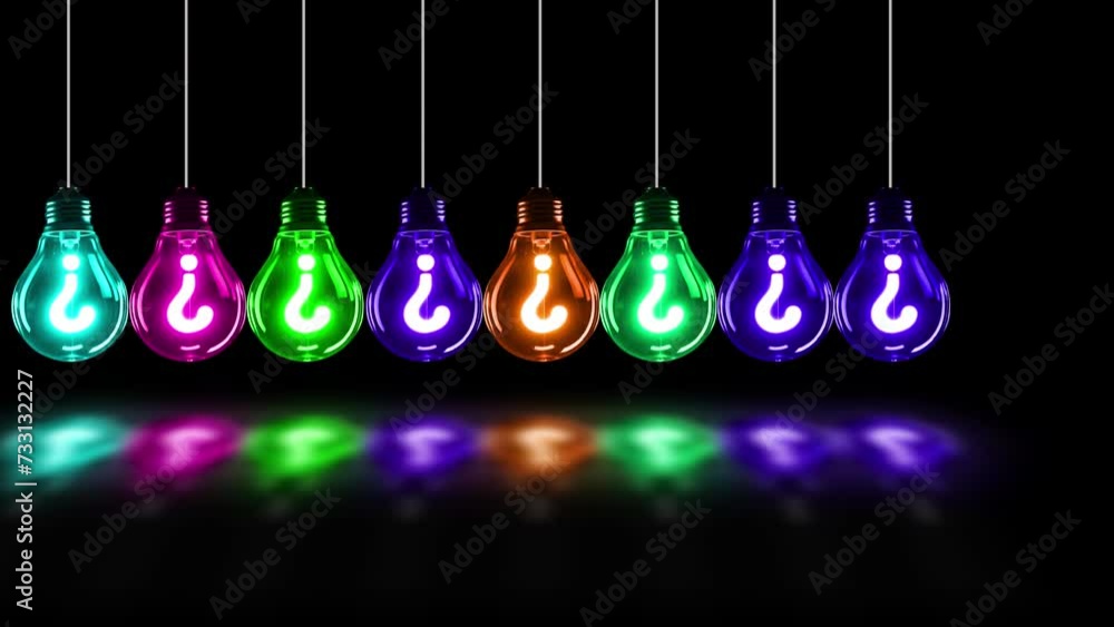 Light Bulb Hanging With Question Mark On Black Bg, Glowing Bright Light ...