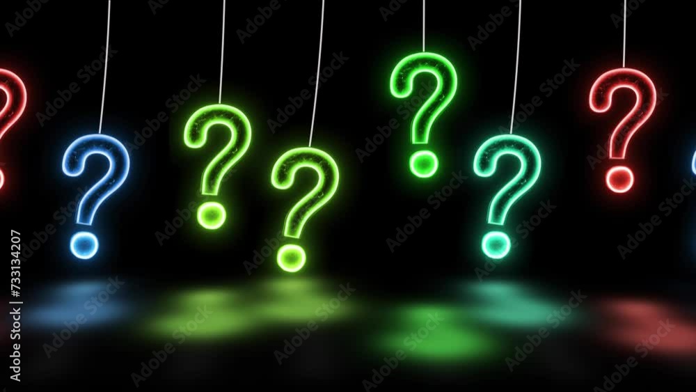 Glowing Neon Question Mark Moving On Black Background. Hanging Bright Neon Question Mark And ...