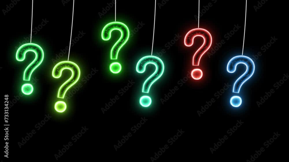 Hanging Bright Neon Question Mark And Moving Animation. Glowing ...