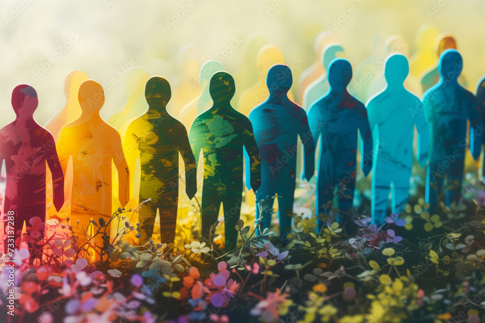 Rainbow colored paper human figures holding their hands on colorful ...