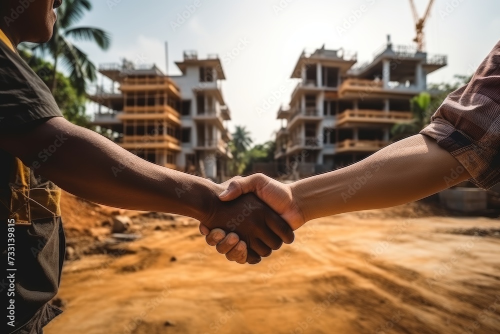 Professional architects engaging in a successful handshake gesture on a ...