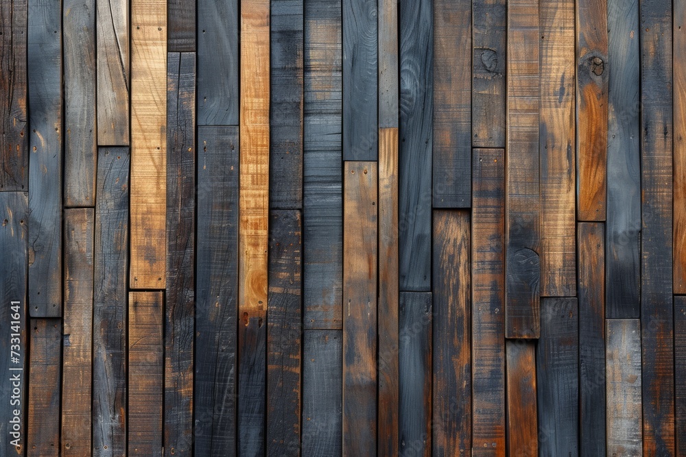 A wall of wooden slats in the color of dark wood with a pattern of wall ...