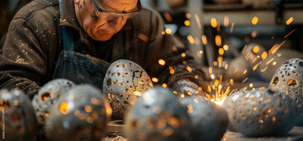 caster welding metal Easter eggs, with sparks flying, suggesting a ...