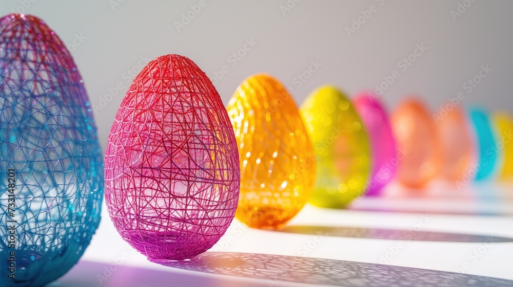 collection of Easter eggs, each a different color, lined up in a row ...