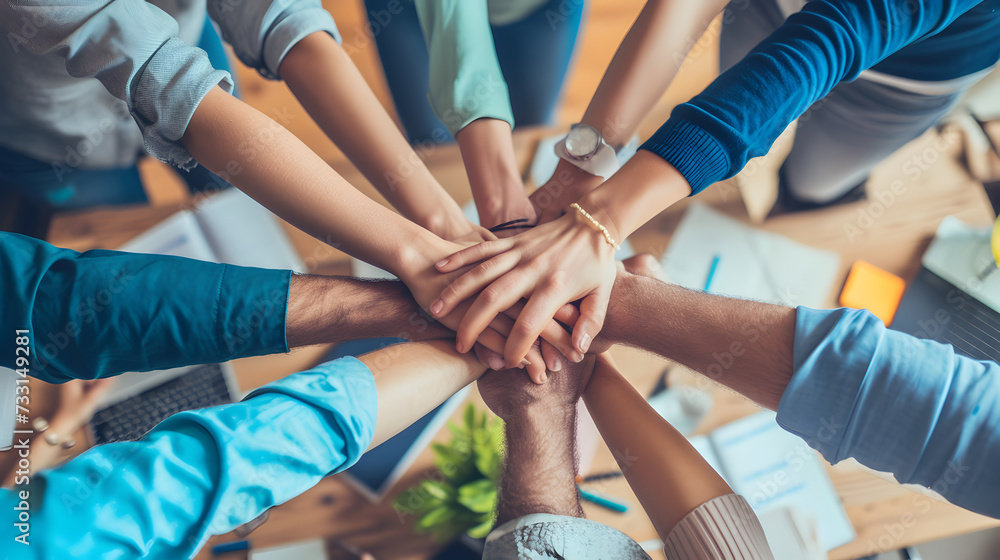 Large group of officers join hands for project cooperation Stock Photo ...