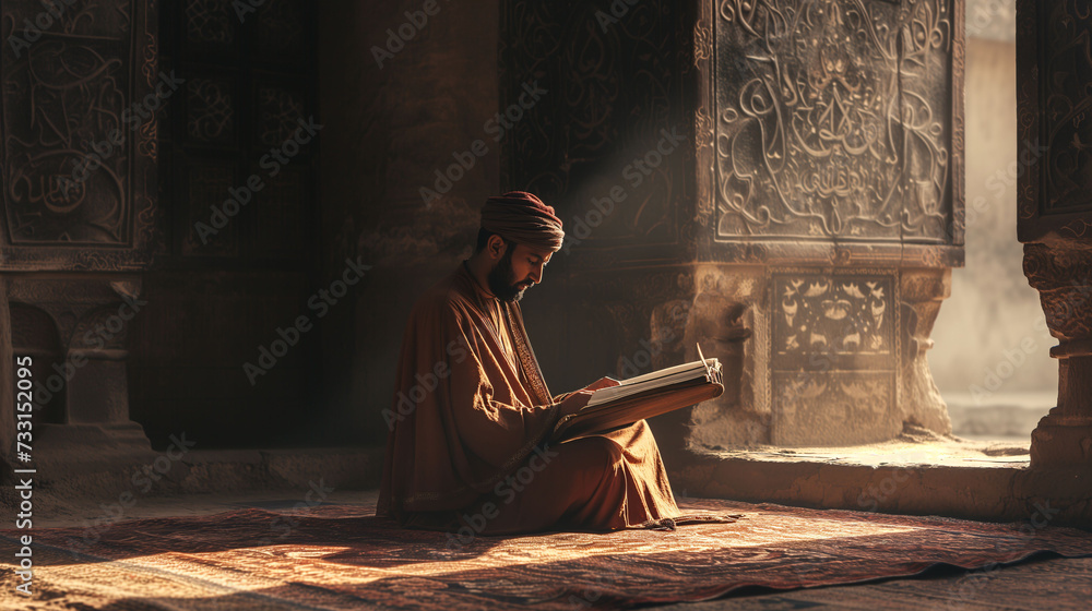 A young muslim scholar wearing traditional muslim outfit reading a book ...