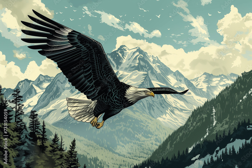 Wild Skies: Retro Comic Scene of a Majestic Bald Eagle Soaring Over ...