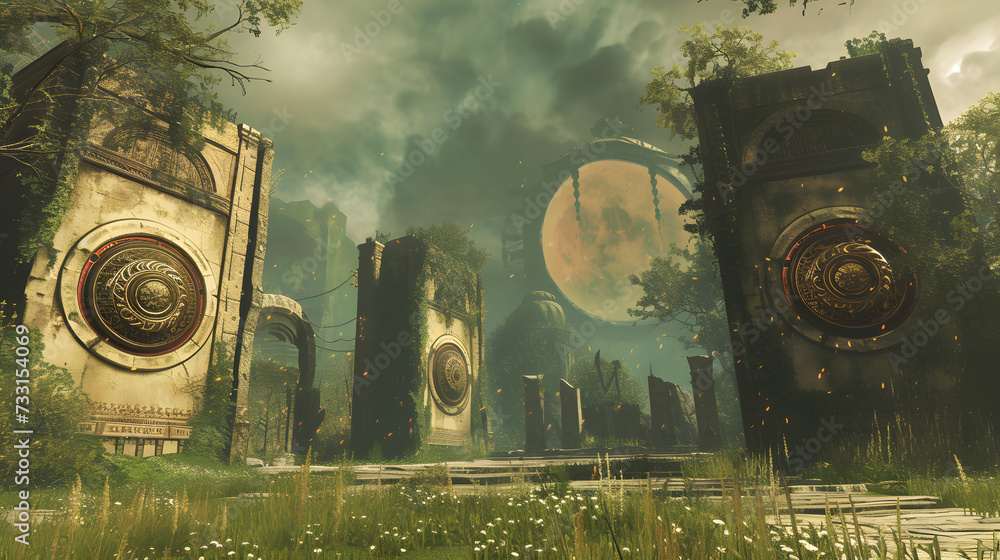 City of portals with gateways to various realms, video game, concept ...