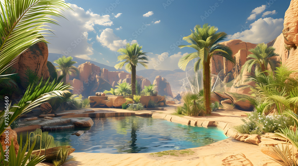 Desert oasis with a magical well at its center, video game, concept art ...