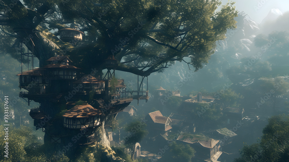 Tree city built within the branches of a colossal tree, video game ...