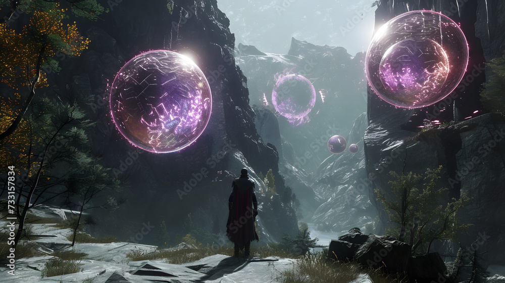 Giant floating orbs emitting different elemental powers, video game ...