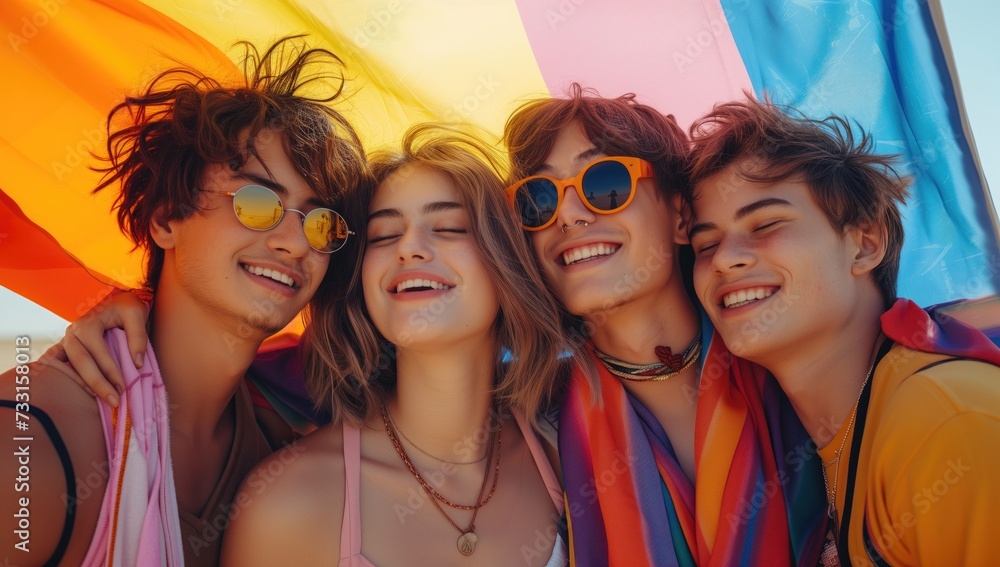 Group of young activist for lgbt rights with rainbow flag, transgenders ...