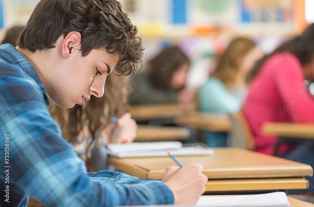 A teenage boy with curly hair is writing an exam in a classroom, with ...