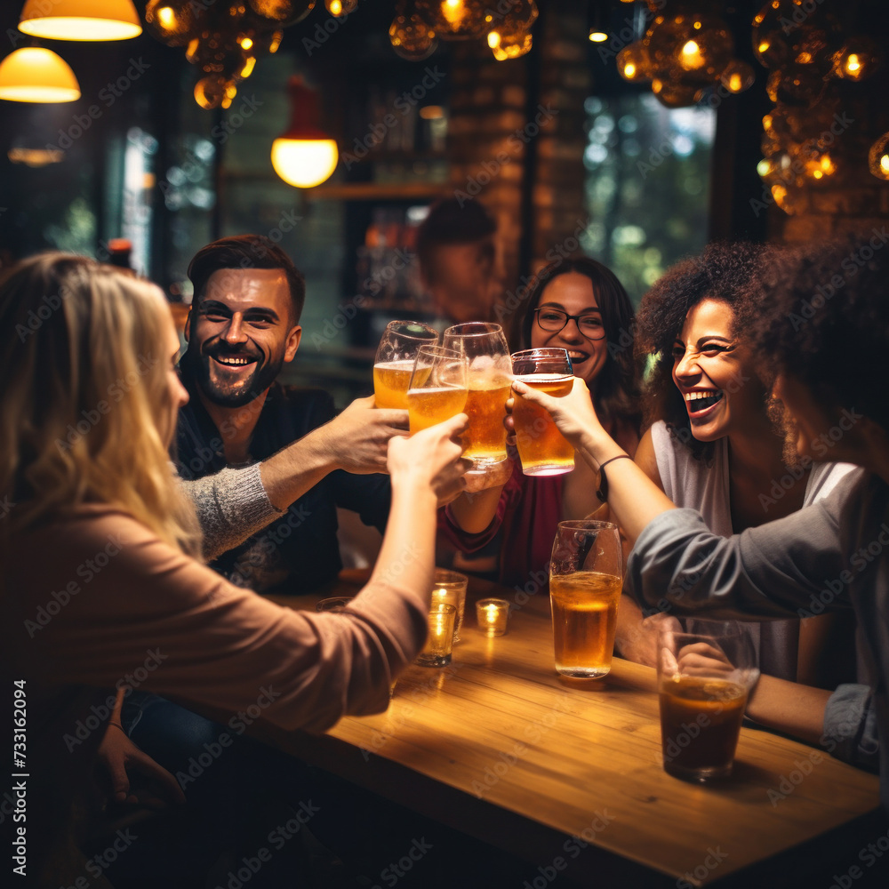 Group of people cheering and drinking beer at bar pub table - Happy ...