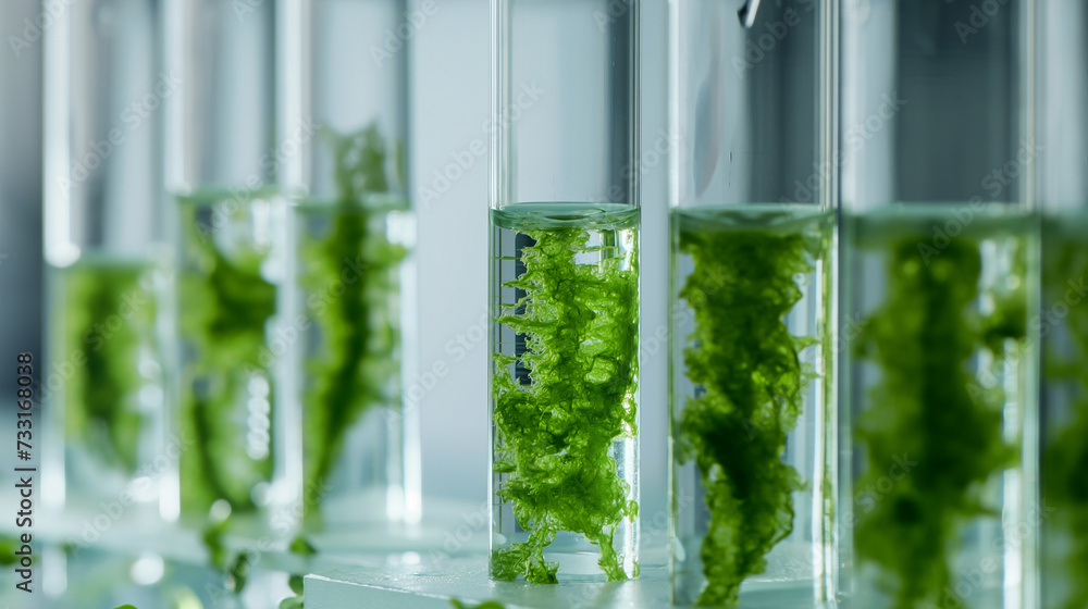 Green algae in a test tube in a laboratory, biology, science ...