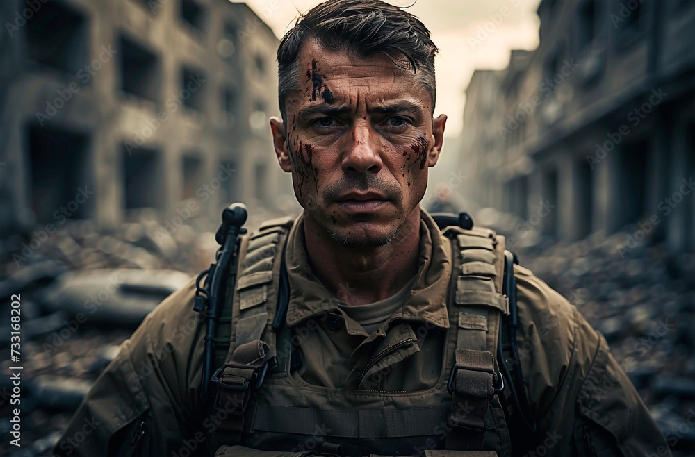 Portrait of a traumatized soldier with a bruised face in a city ...