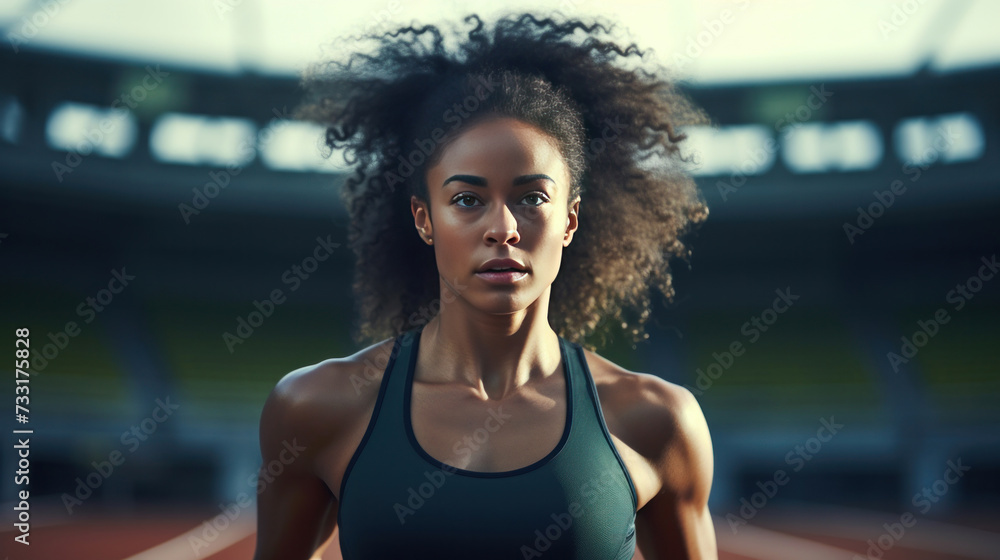 A young black woman, runner at the starting line in stadium arena ...