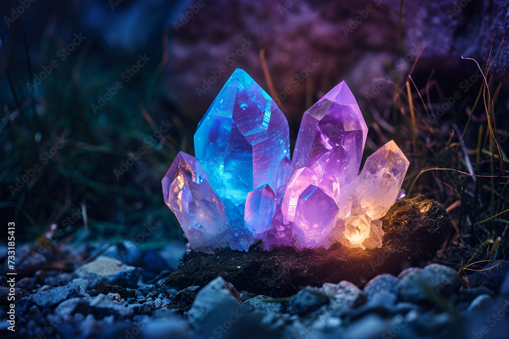 Magic still life with Gemstones fluorite crystal glow on nature ...